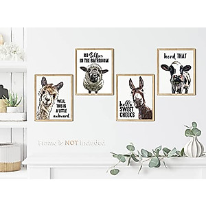 Funny Bathroom Decor Wall Art Cute Cow Llama Donkey Sheep Animal Artwork Inspirational Farmhouse Home Wall Decor Pictures Prints for Bathroom Restroom Nursery Kids Boy Room ,(4PCS, 8"x10", Unframed)
