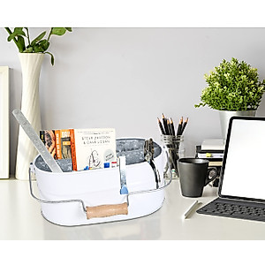 Goroly Home Galvanized Utensil Caddy with Wooden Handle for Kitchen Counter, Silverware Organizer for Flatware, Condiments, Party Supplies - White