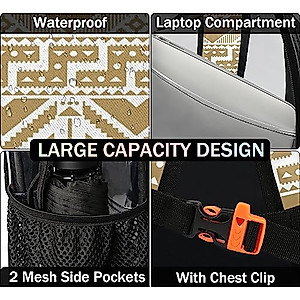 Aztec Heavy Duty Clear Backpack Stadium Approved, American Native Ethnic Geometric Western Boho PVC Transparent Large Backpack See Through for Women Men Work Travel