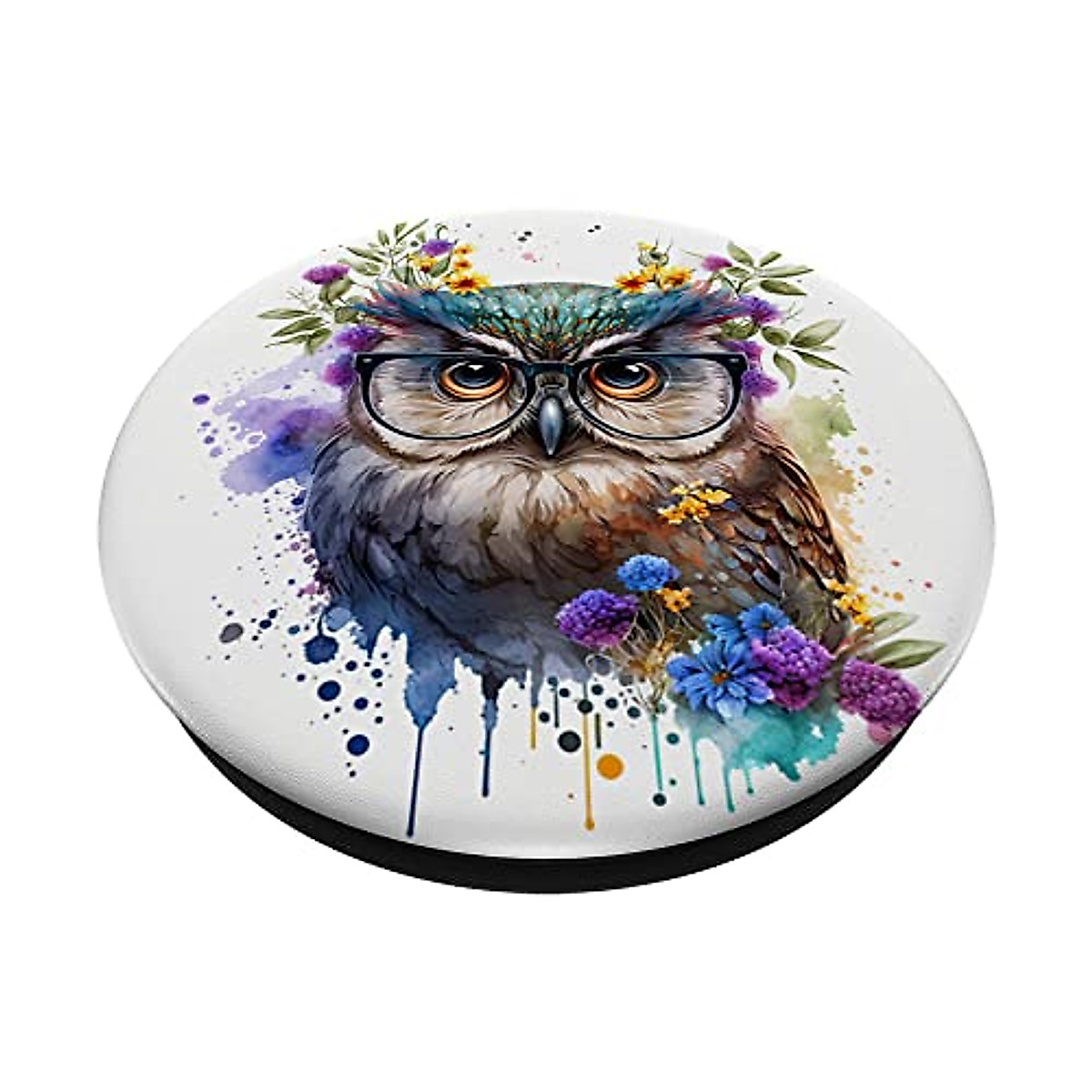 Cute Floral Owl In Glasses Watercolor Splash PopSockets Swappable PopGrip