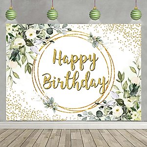 Green Happy Birthday Backdrop Greenery Succulent and Gold Eucalyptus Green Leaves Photography Background Jungle Boys Girl Women Baby Shower Birthday Party Decor Banner (7X5FT(82x59inch))