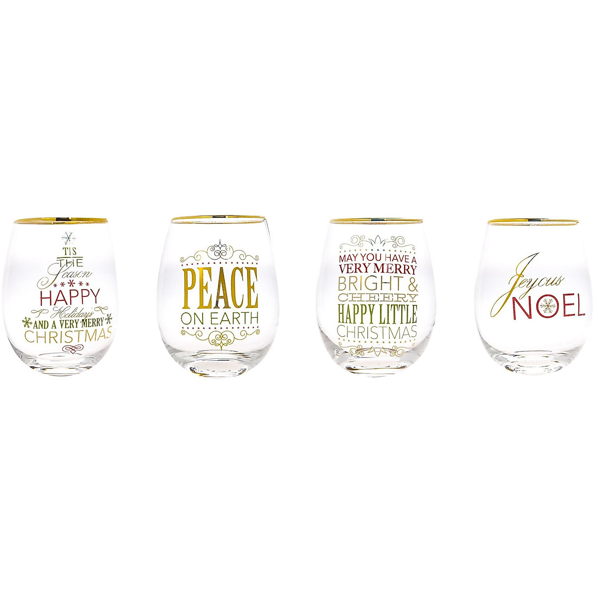 Elegant Home Set of Four (4) 19oz Holiday Festive Christmas Theme - Merry Christmas, Peace Joyous, Stemless Clear/Gold Wine Glasses For Red Or White Wine