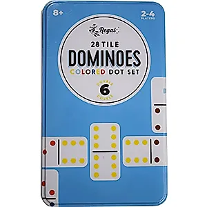 Regal Games - Double 6 Dominoes - Colored Dots Set - Fun Family-Friendly Dominoes Game - Includes 28 Tiles & Collector’s Tin - Ideal for 2-4 Players Ages 8 for Kids and Adults