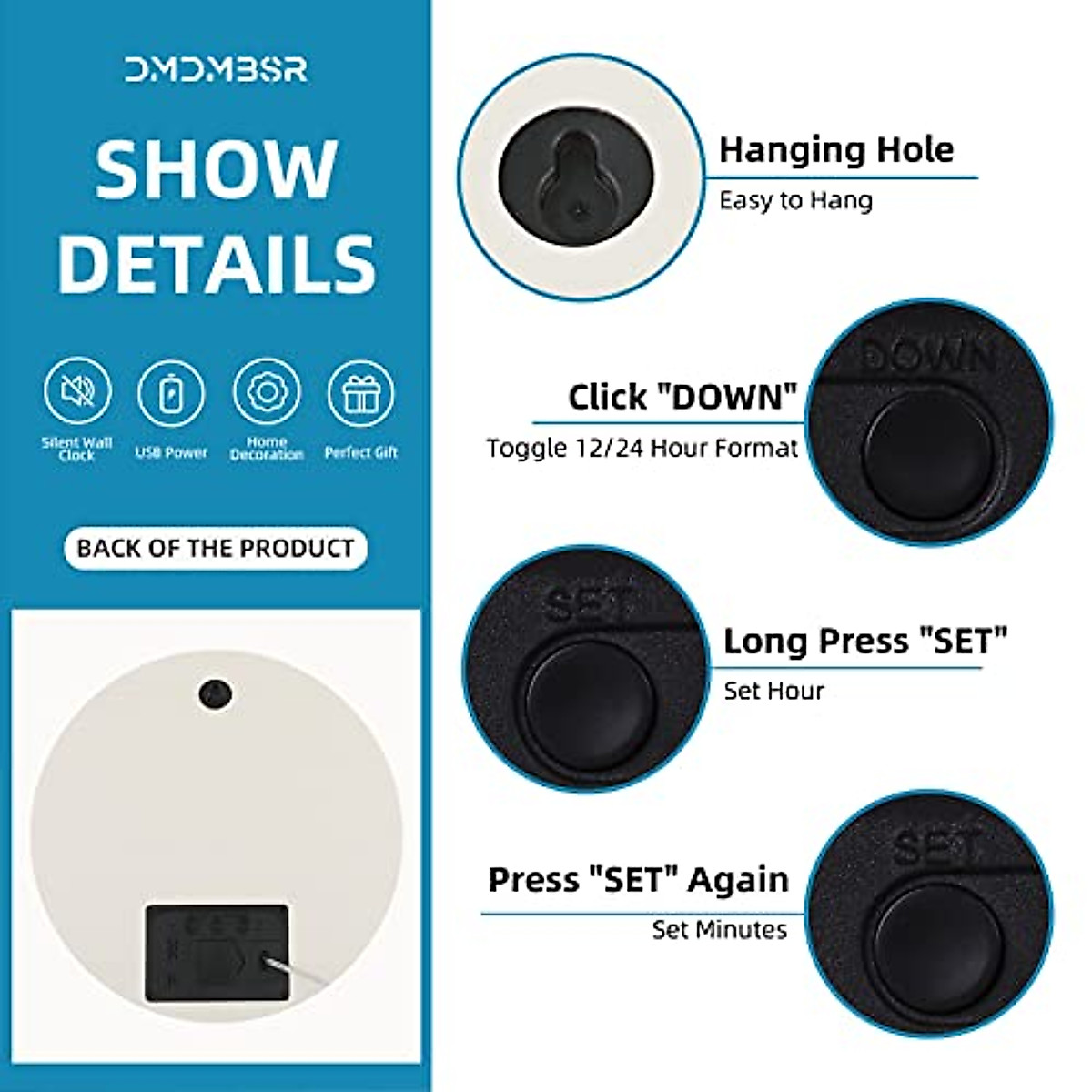 DMDMBSR USB Plug in Digital Wall Clock, Sunset Ocean Wave Design, 12/24Hr Wall Mounted Digital Clock, LED Wooden Silent Wall Clock for Living Room Bedroom Classroom Office (10In Off White)