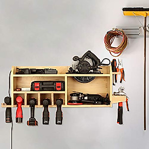 simesove Power Tool Organizer, Drill Charging Station,5 Drill Hanging Slots, Drill Holder Storage Wall Mount Shelf Rack, Cordless Drill Storage,Drill Organizer Wall Mount,Polished Wooden Toolbox for Saw,Father's Day Gift