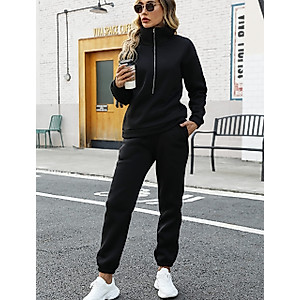 Kissonic Womens Two Piece Outfits Tracksuit Sets Half Zipper Fleece Joggers 2 Piece Long Sleeve Sweatshirts Jogger Pant(Black-L)