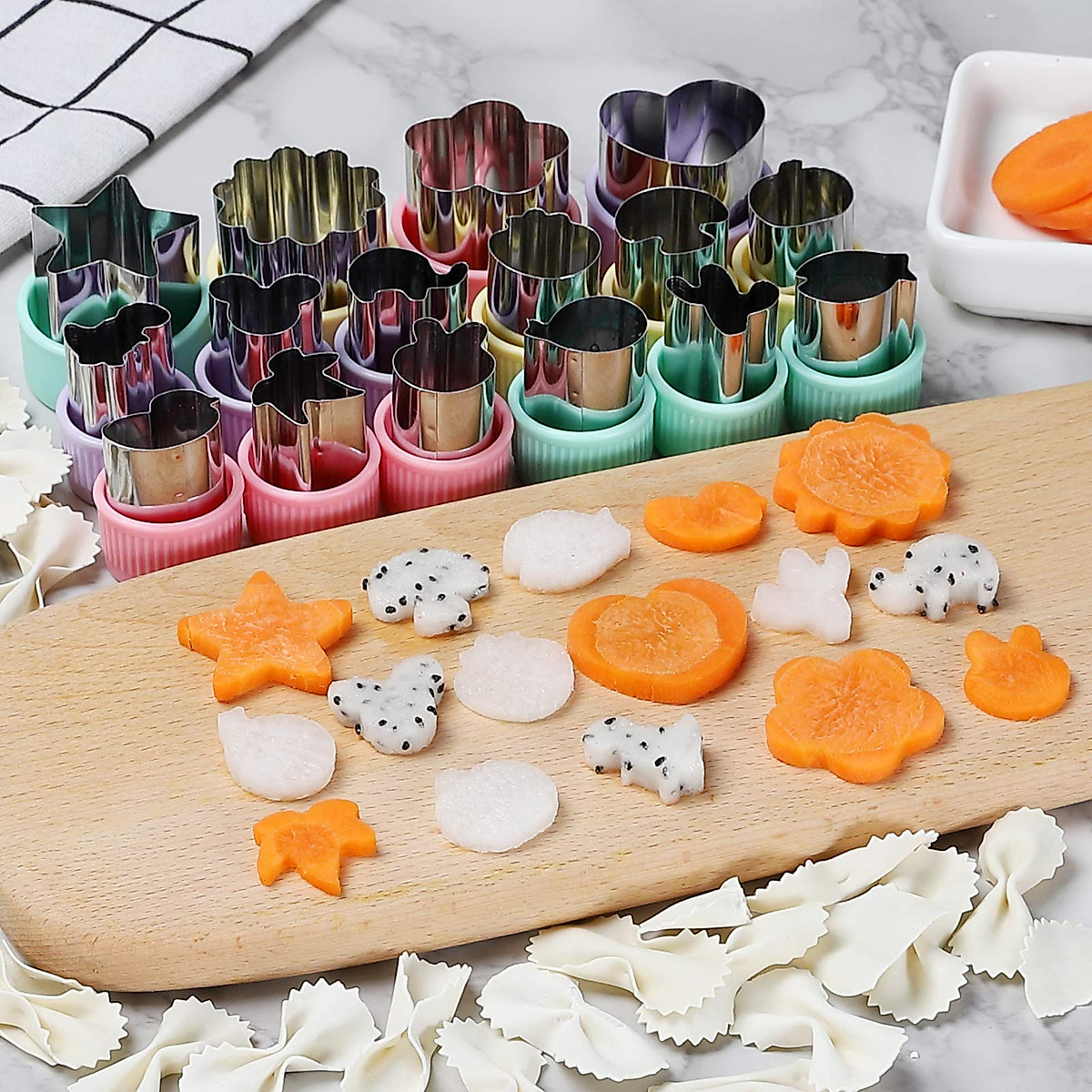 Vegetable Cutters Shapes Set, 16pcs Mini Cookie Cutters, Vegetable Cutter and Fruit Stamps Mold + 20pcs Cute Cartoon Animals Food Picks and Forks -for Kids Baking and Food Supplement Accessories