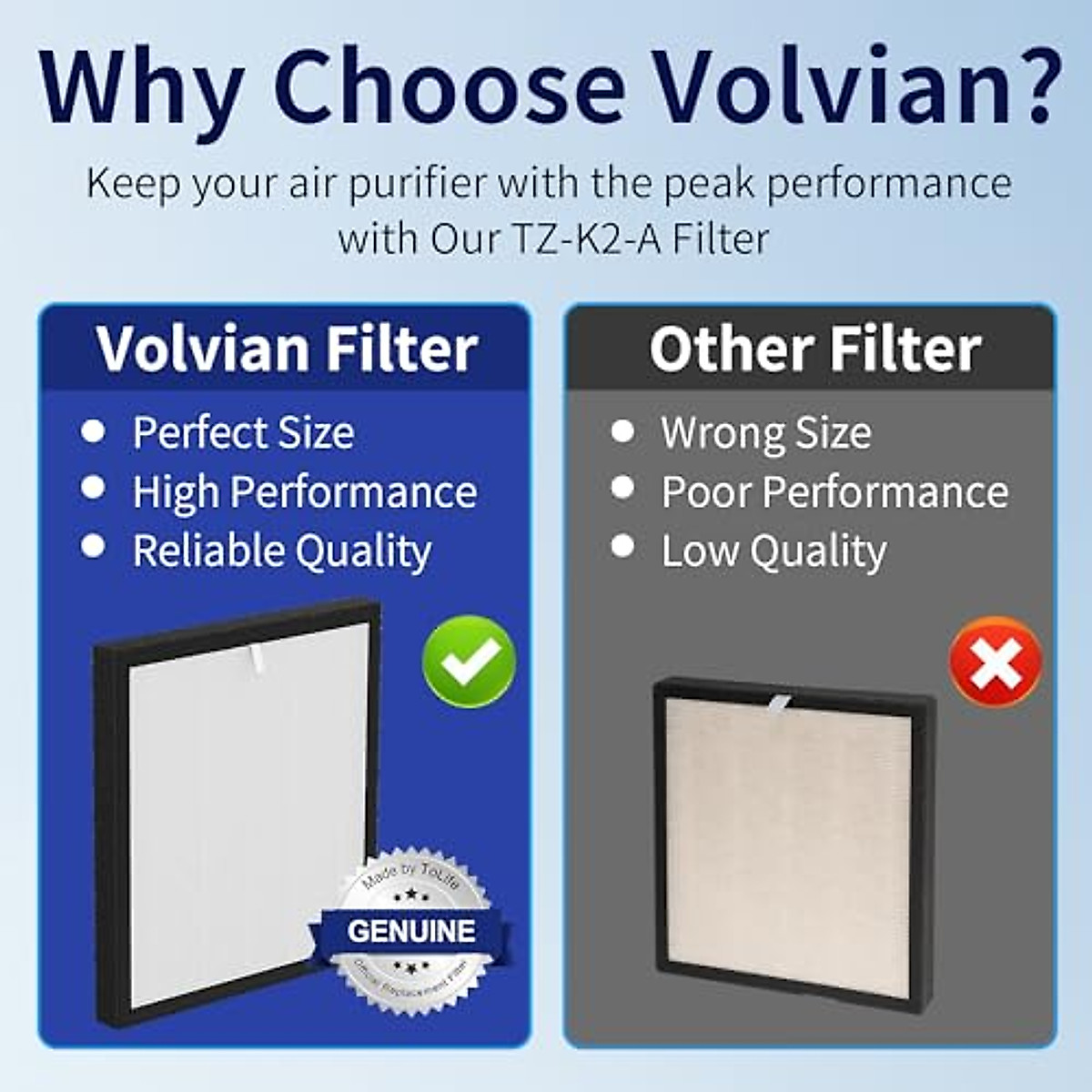 TZ-K2 Replacement Fil-ter Compatible with ToLife TZ-K2 Air Purifi-er, 3-in-1 True HEPA TZ-K2-A Air Clea-ner Filt-er with High-Efficicency Activated Carbon Fil-ter and Pre Fil-ter, 2 Pack