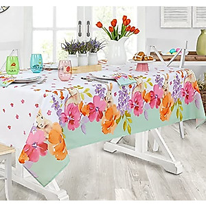 Newbridge Bunny Flower Fields Easter and Spring Fabric Double Bordered Tablecloth - Cute Bunny Rabbit and Vivid Pastel Floral Easy Care, Stain Resistant Fabric Tablecloth, 60” x 84” Oval