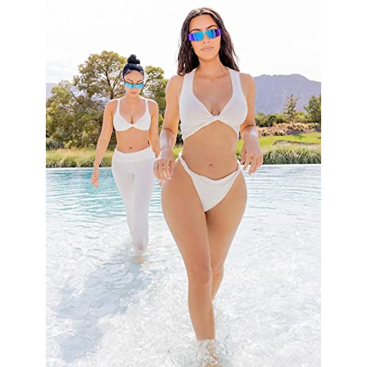 AIEYEZO Modern Fashion Rimless Futuristic Wrap Around Sunglasses Women Men Cyberpunk Visor Sun Glasses Trendy Future Shades (Black/Blue Mirrored)