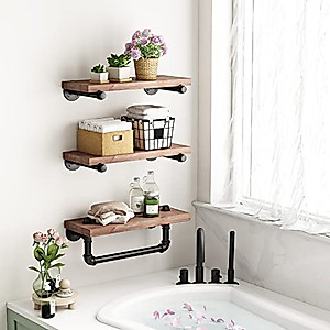 BOSURU Industrial Bathroom Shelves Pipe Wall Shelf with Rustic Wood Shelving for Towel Shelf Storage Wall Mounted Floating Shelves Home Kitchen(3-Tiers)