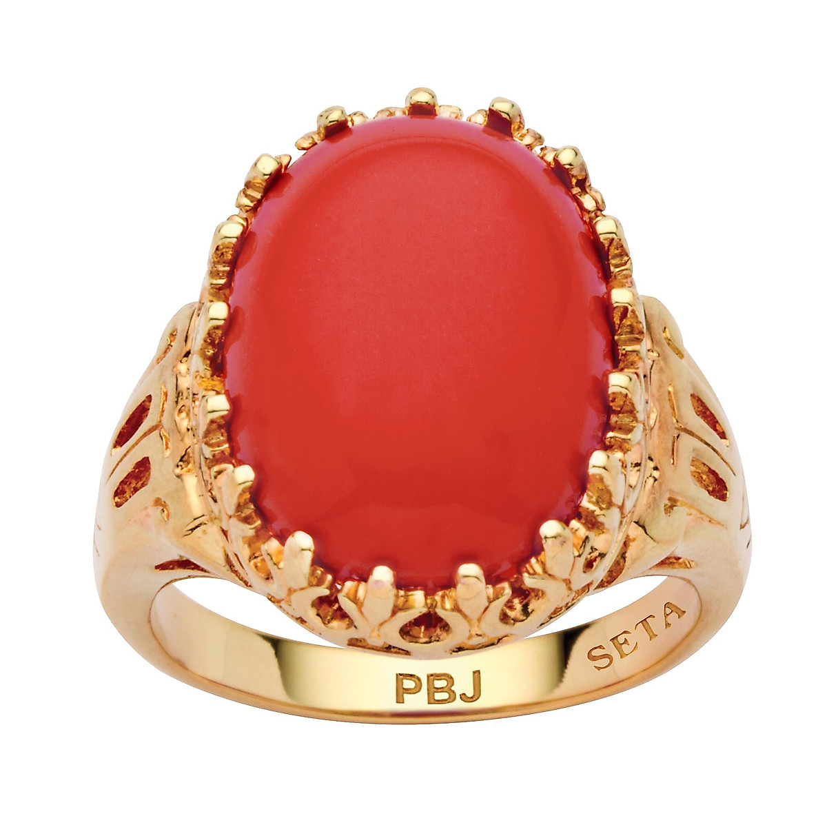 PalmBeach Yellow Gold-Plated Oval Shaped Simulated Orange Coral Cabochon Filigree Cocktail Ring Sizes 5-10 Size 8