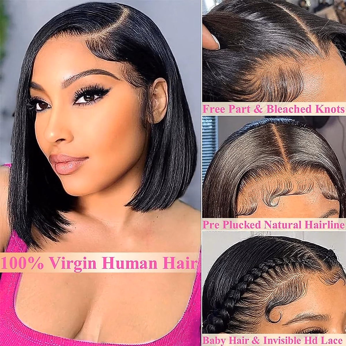 Keytac 14 Inch Straight Bob Wig Human Hair 13x4 HD Transparent Lace Front Wigs Bob for Women Short Glueless Frontal Bob Wig Pre Plucked with Baby Hair Brazilian Virgin Hair Free Part Natural Black