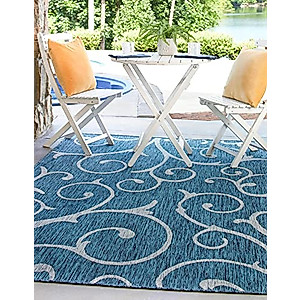 Unique Loom Outdoor Botanical Collection Area Rug - Curl (7' 1" x 10' Rectangle, Teal/ Ivory)