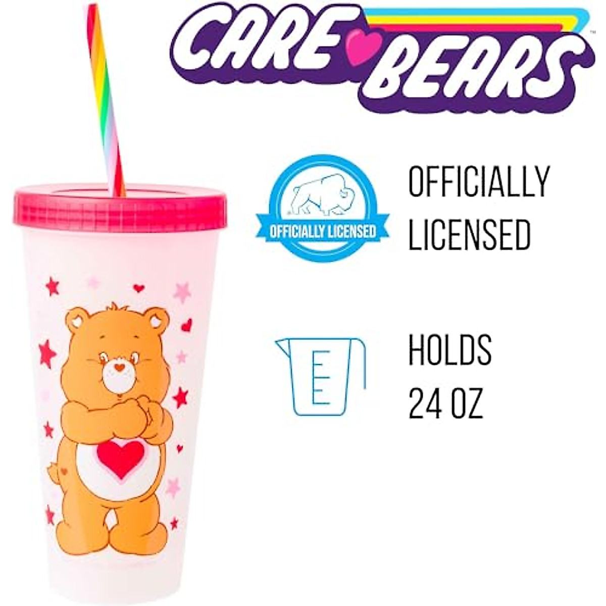 Silver Buffalo Care Bears Hearts and Stars 4 Pack Plastic Color Changing Tumblers with Rainbow Swirl Straws Featuring Tenderheart, Funshine, Cheer, and Grumpy Bear 24 Ounces