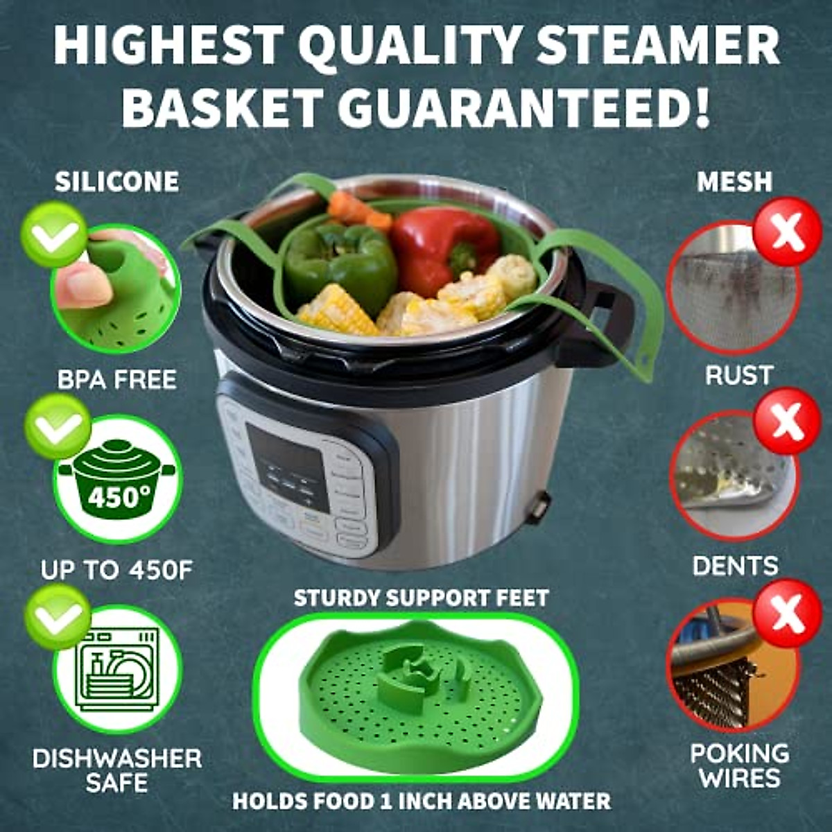 Silicone Steamer Basket For 6QT Instant Pot, Ninja Foodi, Other Pressure Cookers [3qt & 8qt avail] - Multiuse Silicone Strainer Steam Basket - Vegetable Steamer Basket for Pot & Pressure Cooker, Green