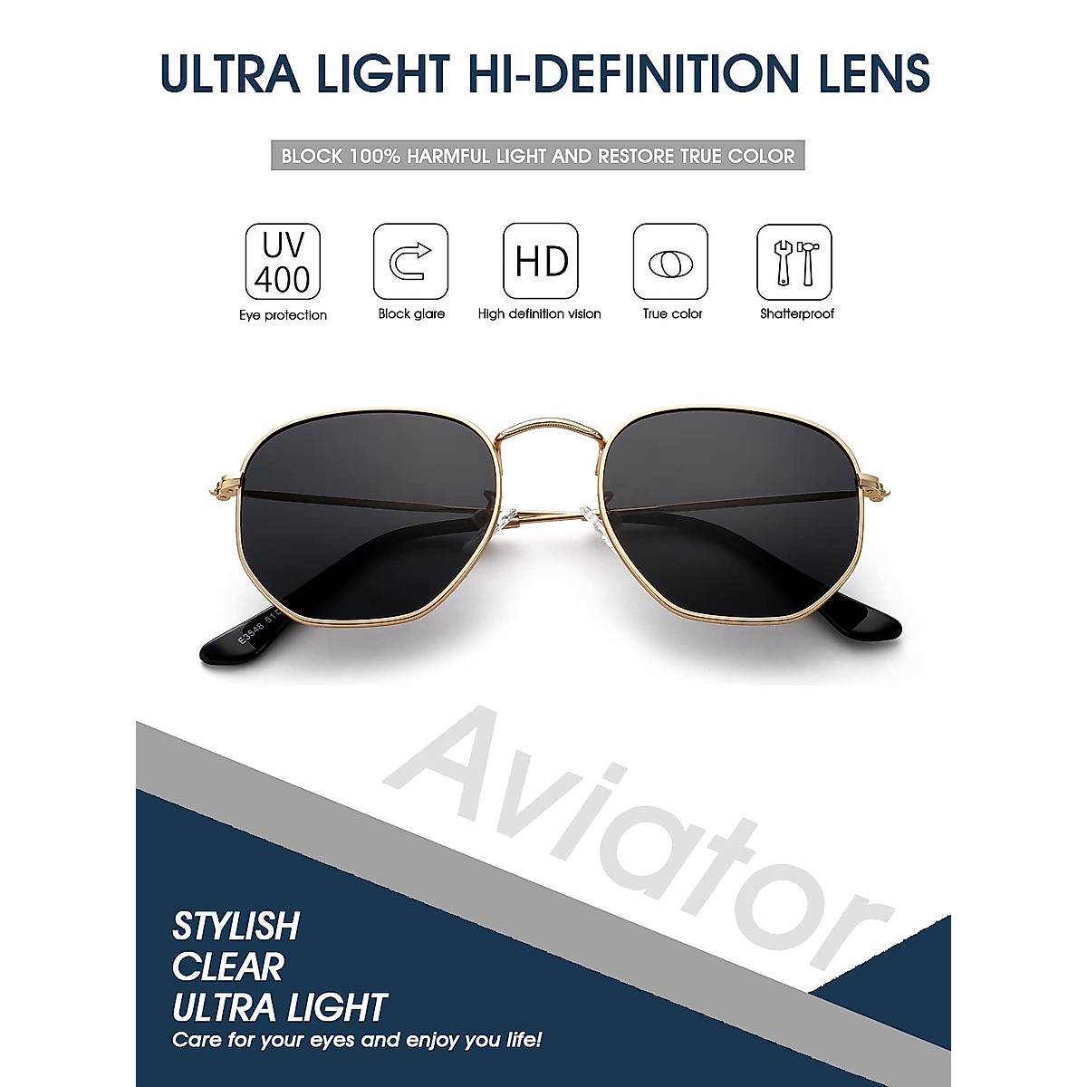 PORADAY Hexagonal Polarized Sunglasses for Women Men Vintage Square Metal Sun Glasses Geometric Shades (Gold/Gray)