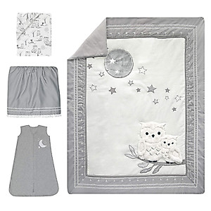 Lambs & Ivy Luna White/Gray Celestial Owl 4-Piece Nursery Baby Crib Bedding Set (740004V)