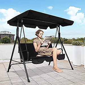 3-Seat Patio Swing Chair,Outdoor Porch Swing with Adjustable Canopy and Durable Steel Frame for Patio, Garden, Poolside (Black)