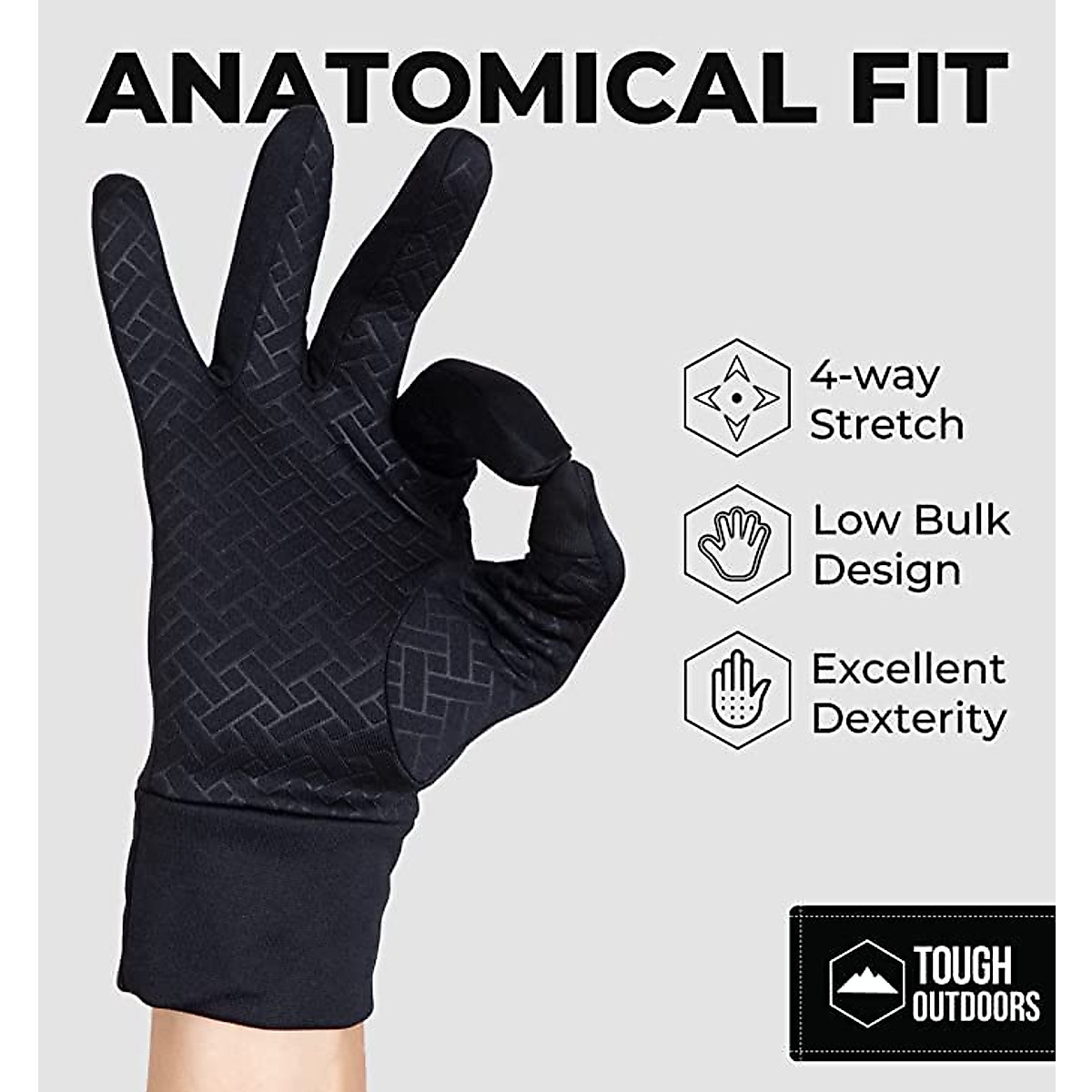 Tough Outdoors Running Gloves with Touch Screen - Black Winter Glove Liners for Texting, Cycling, Driving for Men & Women - Thin, Lightweight & Warm Cold Weather Thermal Sports Gloves