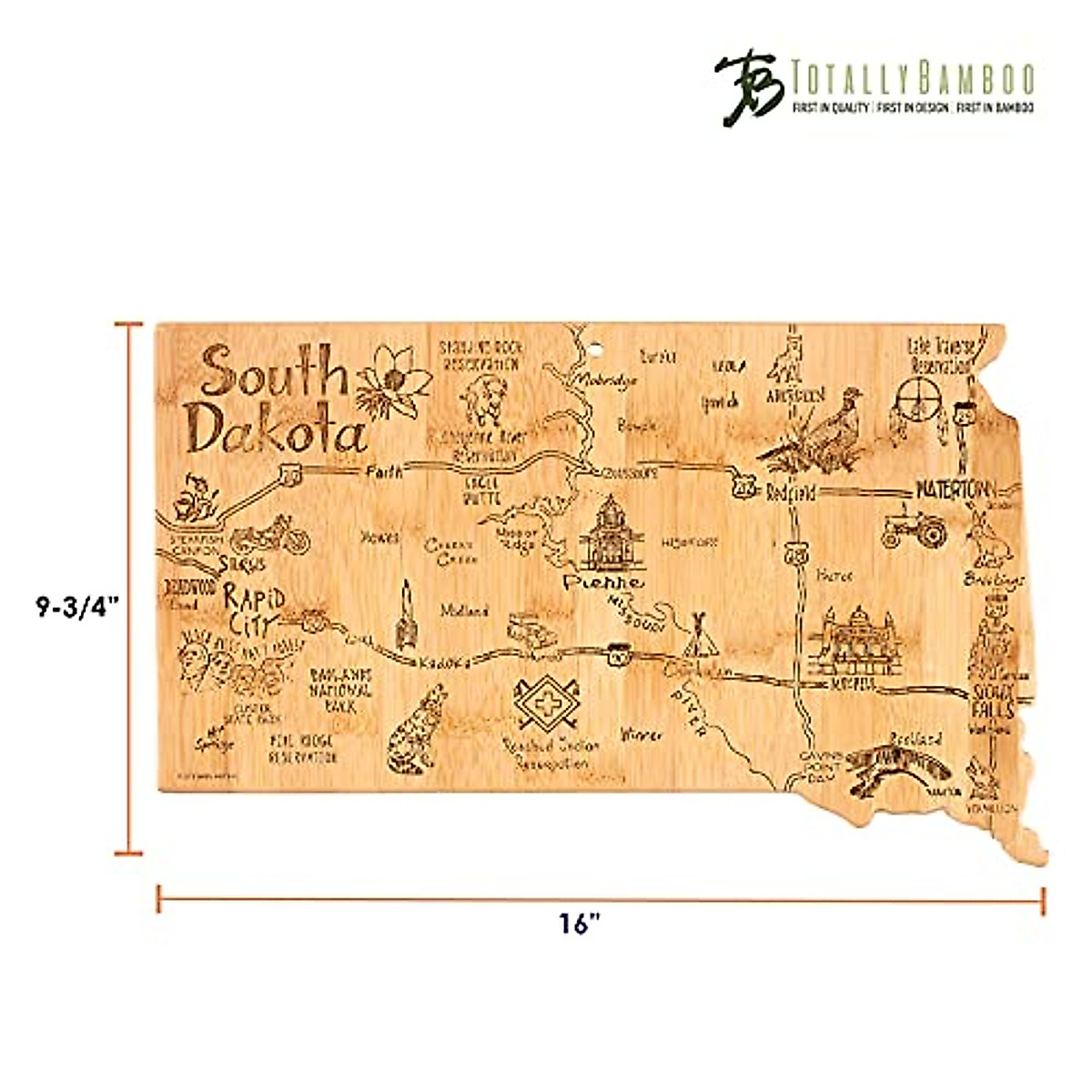 Totally Bamboo Destination South Dakota State Shaped Serving and Cutting Board, Includes Hang Tie for Wall Display
