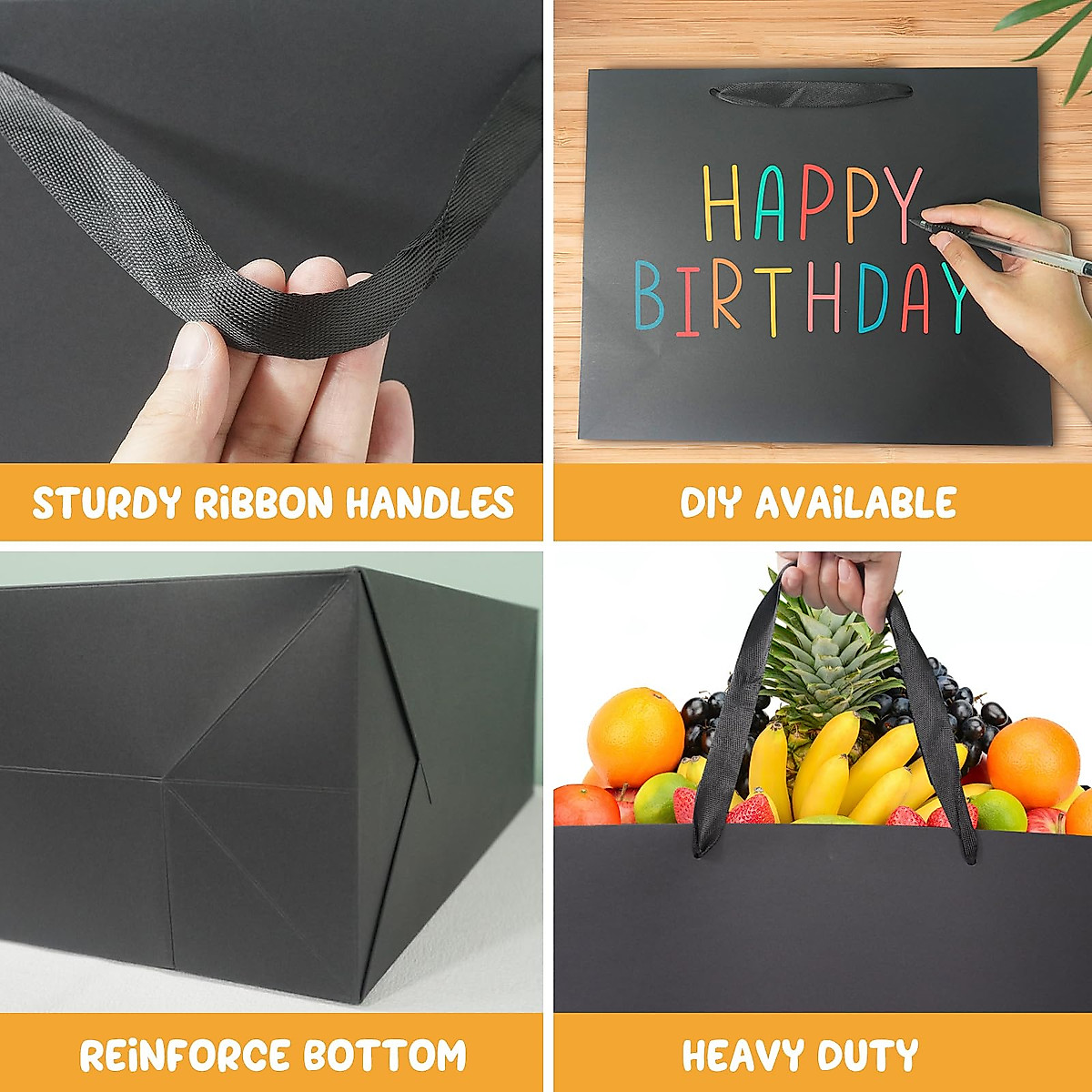 12 Pack Medium 10.6"x3.2"x8.3" Black Gift Bags with Tissue Paper, Kraft Shopping Bags with Ribbon Handles, Retail Wrapping Bags Set for All Occasions