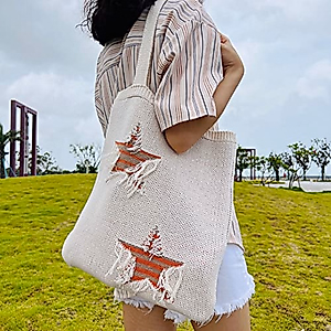 Fairy Grunge Star Decor Crochet Tote Bag Fairycore Tassels Hobo Bags Women Y2K Tote Bag Purse Aesthetic Accessories (Apricot)