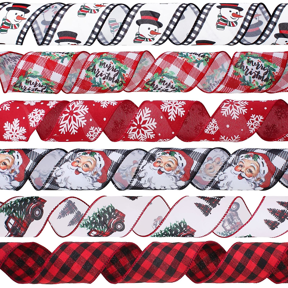 Vloso Christmas Ribbon Wired 2.5 Inch,6 Roll 30 Yards Christmas Wired Ribbon,Incl. Santa/Snowman/Snowflake/Christmas Buffalo Plaid Ribbon for Wreaths Bows Christmas Decor DIY Crafts