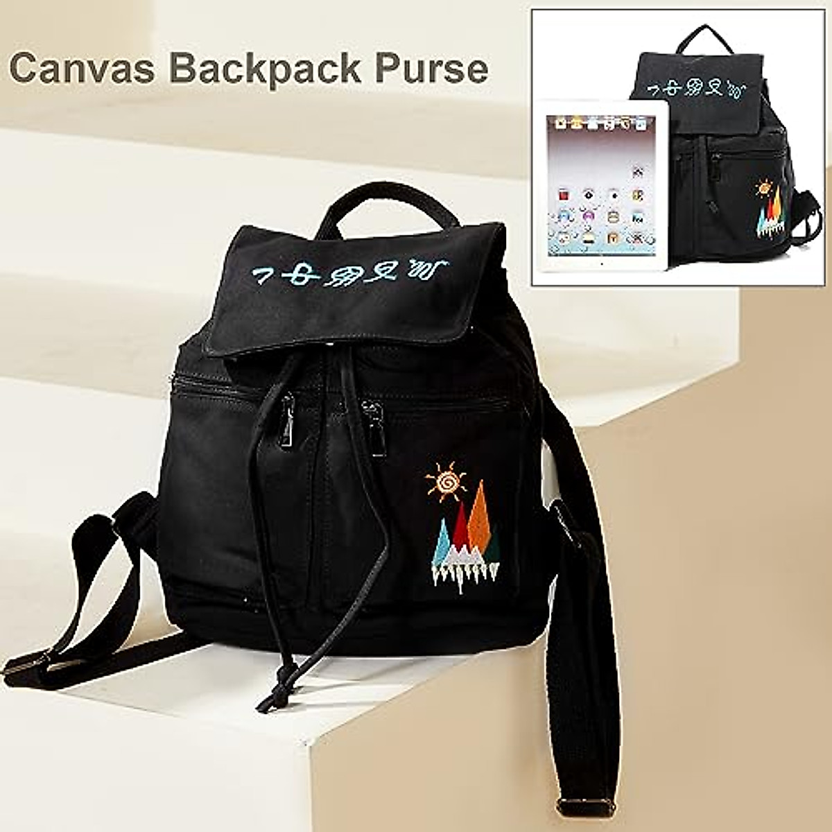 Canvas Backpack Purse for Women Men, Fashion Embroidery Casual Backpack Casual Travel Rucksack (Black)