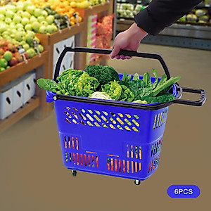 6PCS Shopping Carts, 35L w/Wheels and Handle, Shopping Basket Plastic Rolling Shopping Basket for Carrying and Storing Clothing Groceries (Blue)