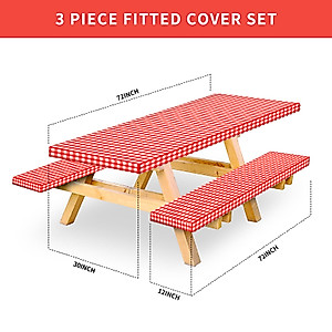 Raweao Picnic Table Cover with Bench Covers - 3 Piece Fitted Picnic Table Cover with Elastic Band and Flannel Backing, Picnic Table Cover for Outdoor, BBQ, Camping (30 X 72 Inch, Red)