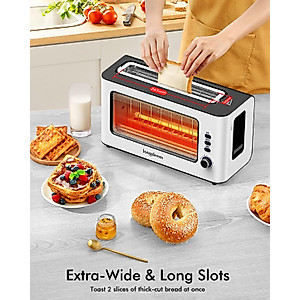 Clear View Toaster, LONGDEEM 1.75'' Extra Long Slot Glass Toasters Stainless Steel 2 Slice with 6 Browning Control for Bagel, Defrost & Auto Shut Off with Removable Crumb Tray, White