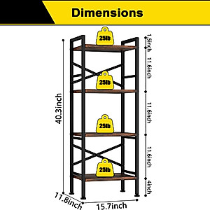 GIOTORENT 4 Tier Book Shelf, Small Bookshelf Storage Organizer, Tall Narrow Bookcase with Storage Shelves, Wooden Industrial Office Shelves for Bedroom, Living Room, Rustic Brown