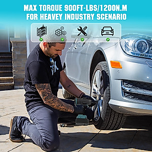 PFCTART Cordless 1/2 inch Brushless Impact Wrench, 1200Nm(900ft-lbs) High Torque Impact Gun w/2x 4.0Ah Batteries, Fast Charger & 6 Sockets, Tool Box