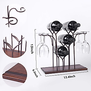 YCOCO Wine Racks Countertop,Tabletop Wood Wine Holder,Freestanding Wine Bottle Holder,Hold 4 Bottles and 4 Glasses,Perfect for Kitchen Home Bar Storage and Cabinet Decor,Bronze