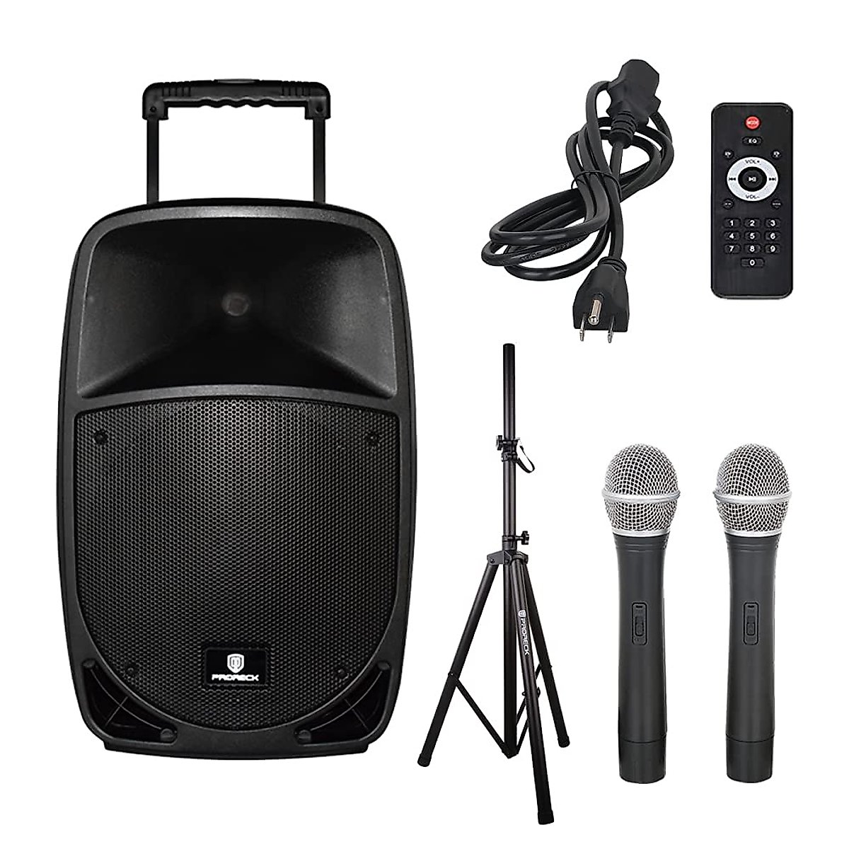 PRORECK Freedom 15 Portable 15-Inch 800 Watt 2-Way Rechargeable Powered Dj/PA Speaker System with Bluetooth/USB/SD Card Reader/FM Radio/Remote Control/Wireless Microphones/Speaker Stand