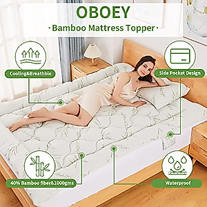 Bamboo Mattress Topper with 1 Pillow Protector, Side Pocket, Waterproof Mattress Protector, Cooling Extra Thick Breathable Mattress Pad Cover,8-21” Deep Pocket- Queen