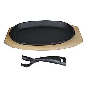 Ebros Personal Sized 9.5"Lx5.5"W Cast Iron Sizzling Fajita Skillet Japanese Steak Plate With Handle and Wooden Base For Restaurant Home Kitchen Cooking Accessory For Pan Grilling Meats Seafood