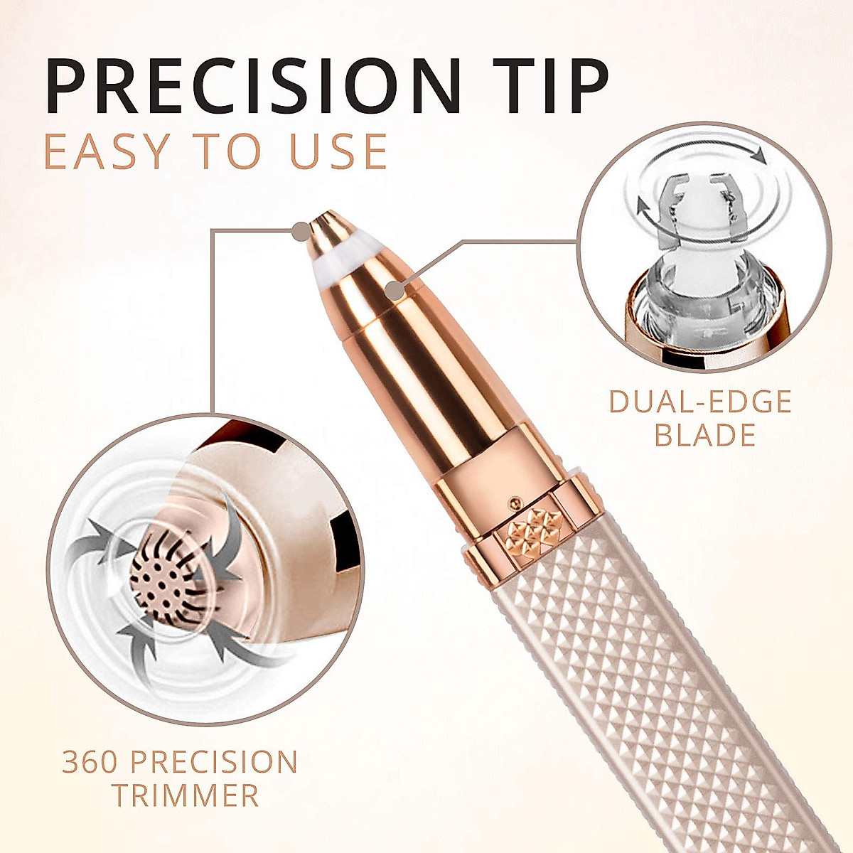 Eyebrow Trimmer & Facial Hair Removal for Women, 2 in 1 Eyebrow Razor and Painless Hair Shaver Rechargeable for Face Peach Fuzz, Eyebrow, Lips, Body, Chin, Arms with Built-in LED Light (Rose Gold)