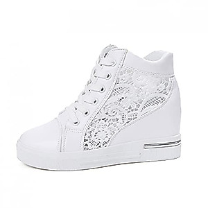 Hbeylia Platform Hidden Heels Fashion Sneakers For Women Fashion Lace Crochet Lace Up Chunky Bottom High Heels High Top Skateboard Canvas Shoes Casual Leather Walking Slip On Loafers Work Shoes