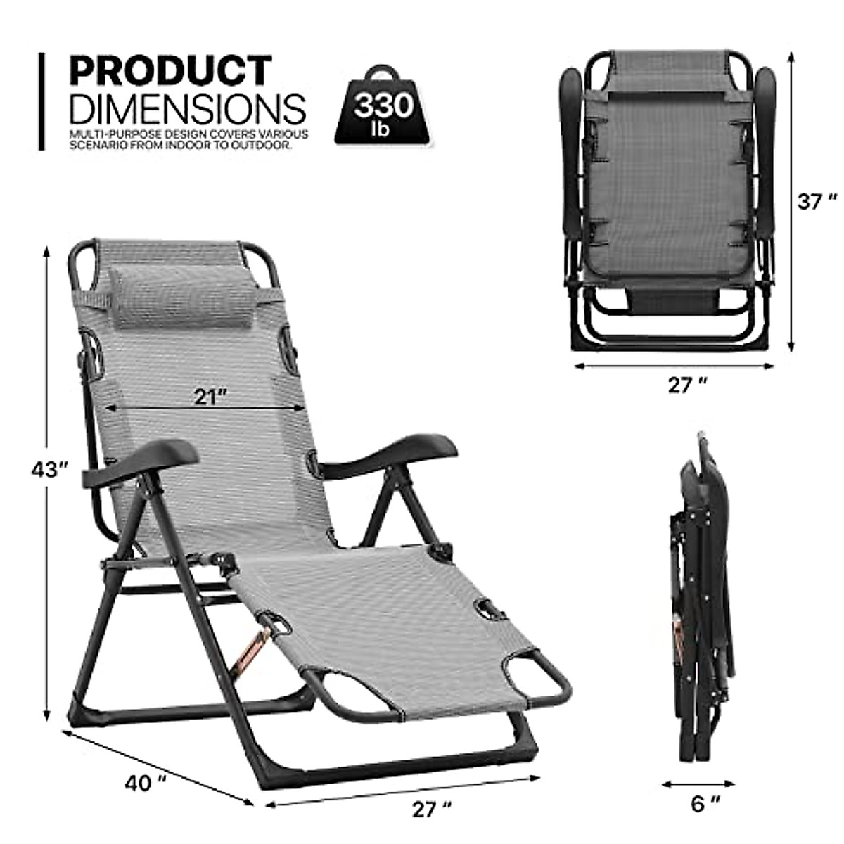 MoNiBloom Outdoor Lounge Chair Set of 2 Reclining Patio Lounger Chair, Folding Portable Chaise with Headrest, Adjustable Reclining Lawn Chair for Patio Beach Yard, 330lbs Capacity