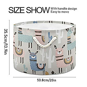 Large Round Storage Basket - Cactus Llama Canvas Home Organizational Solution Toy Storage Bin for Laundry Hamper,Toy Bins,Gift Baskets, Bedroom, Clothes,Baby Nursery