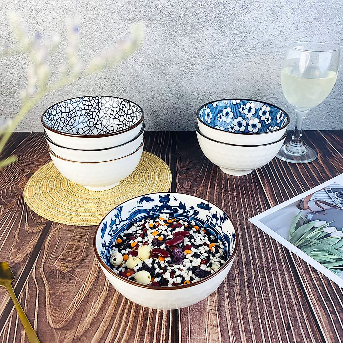Kithing Ceramic Bowls, 10oz,this blue and white patterned bowls are used for ice cream, desserts, salads Set of 6 (F 4.5in)