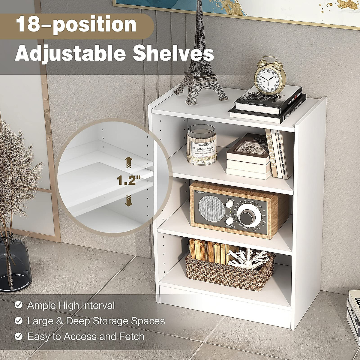 LOKO 3-Tier Open Bookcase, Modern 3-Cube Bookshelf with 18-Position Adjustable Shelves & Anti-toppling Devices, Multipurpose Cubical Display Storage Organizer for Living Room Study (1, White)