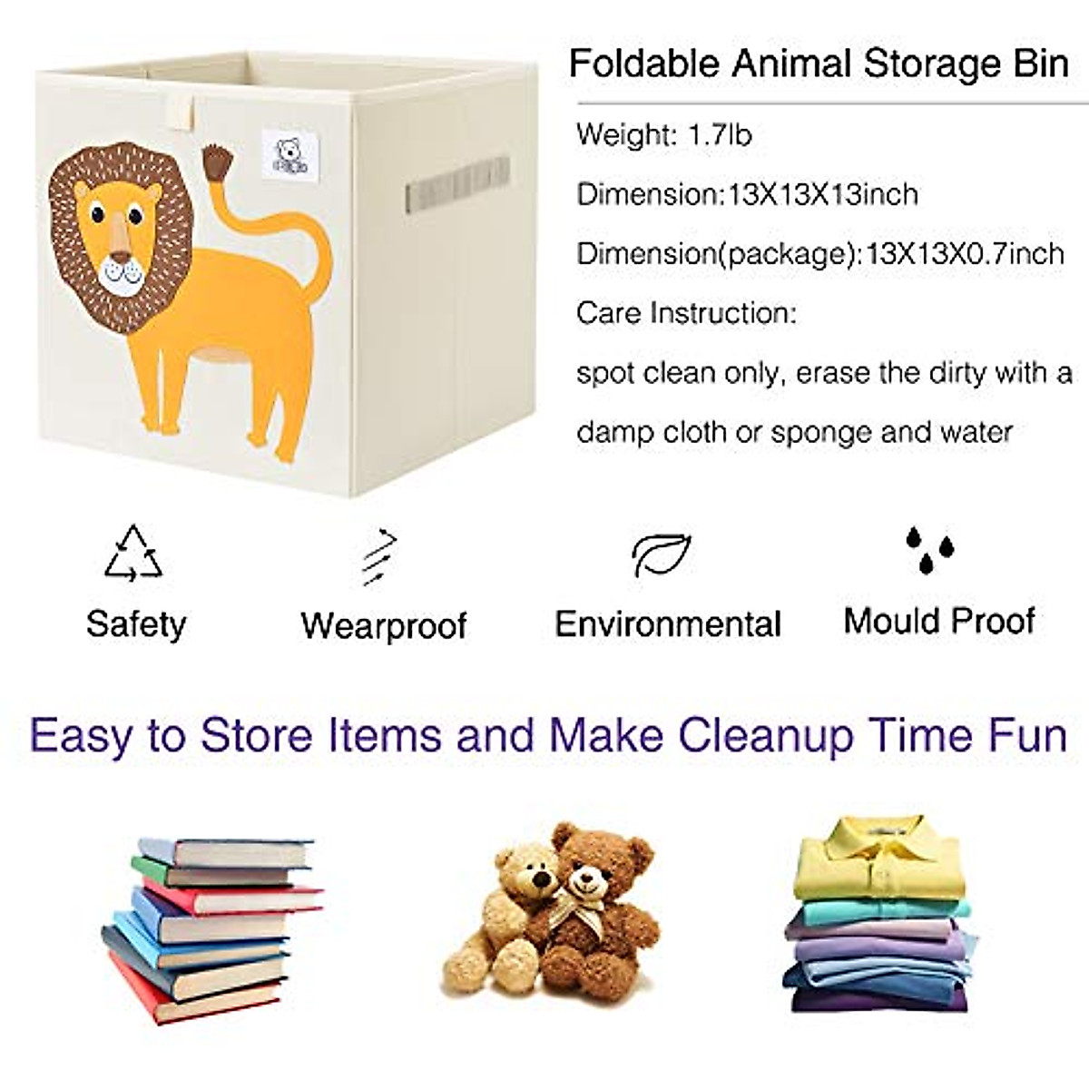CLCROBD Foldable Animal Cube Storage Bins Fabric Toy Box/Chest/Organizer for Toddler/Kids Nursery, Playroom, 13 inch (Lion)