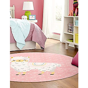 Unique Loom Whimsy Kids Collection Area Rug - Llama (Round 7' 10" x 7' 10", Pink/ Light Blue)
