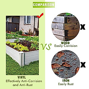 Kdgarden Raised Garden Bed Kit 4'x4' Outdoor Above Ground Planter Box for Growing Vegetables Flowers Herbs, DIY Gardening, Whelping Pen and More, Screwless White Vinyl Garden Bed with Grid