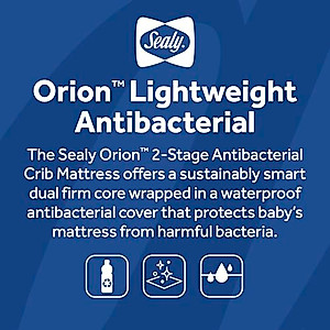 Sealy Crib Mattress & Toddler Bed Mattress| Orion 2-Stage Sustainable Antibacterial Baby Mattress, Lightweight, GREENGUARD Air Quality Certified - Made in USA, 52"x28"