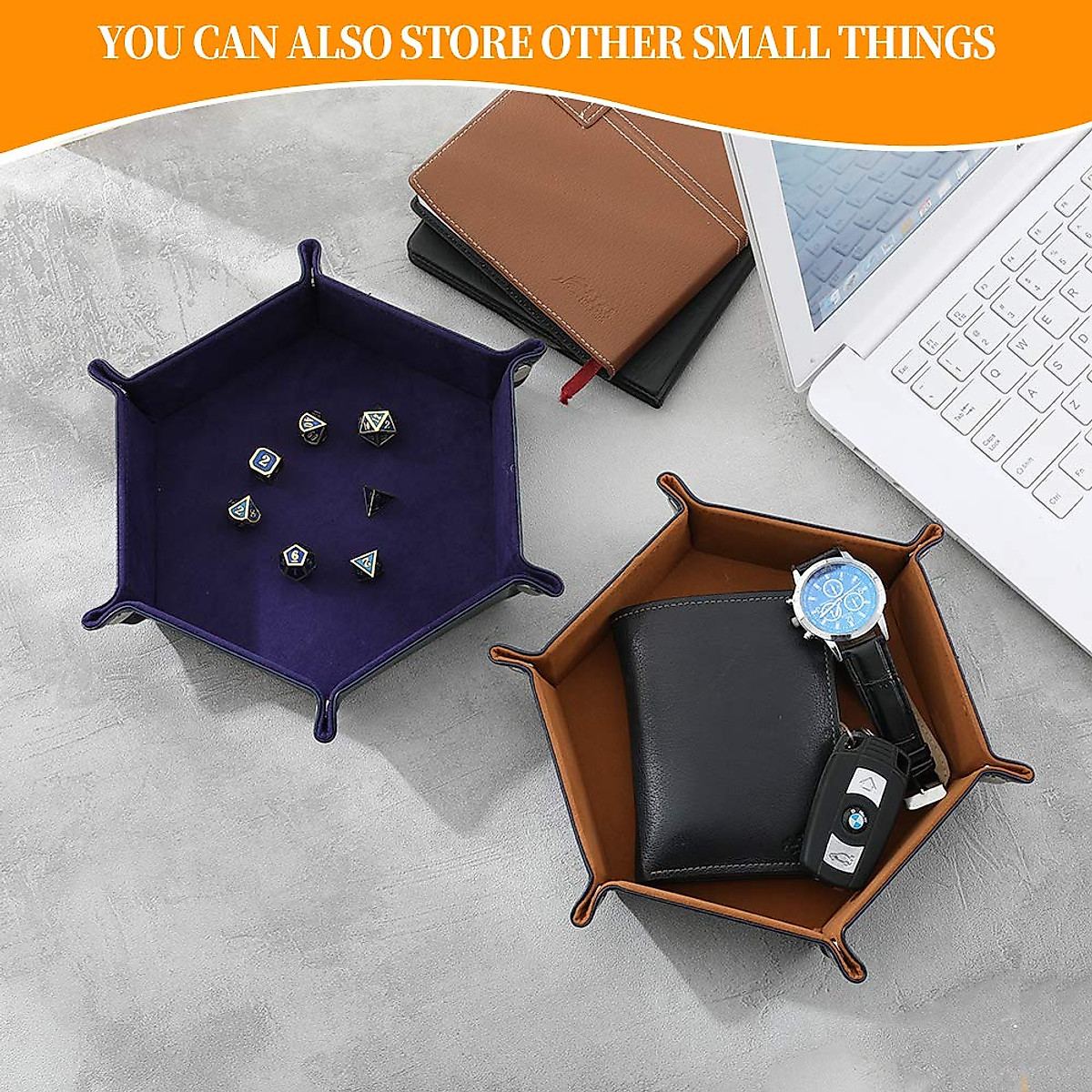 Grajar 2 Pcs Portable Folding Dice Rolling Tray Set for RPG DND Table Games - PU Leather and Velvet Holder Storage Box - Navy Blue and Camel