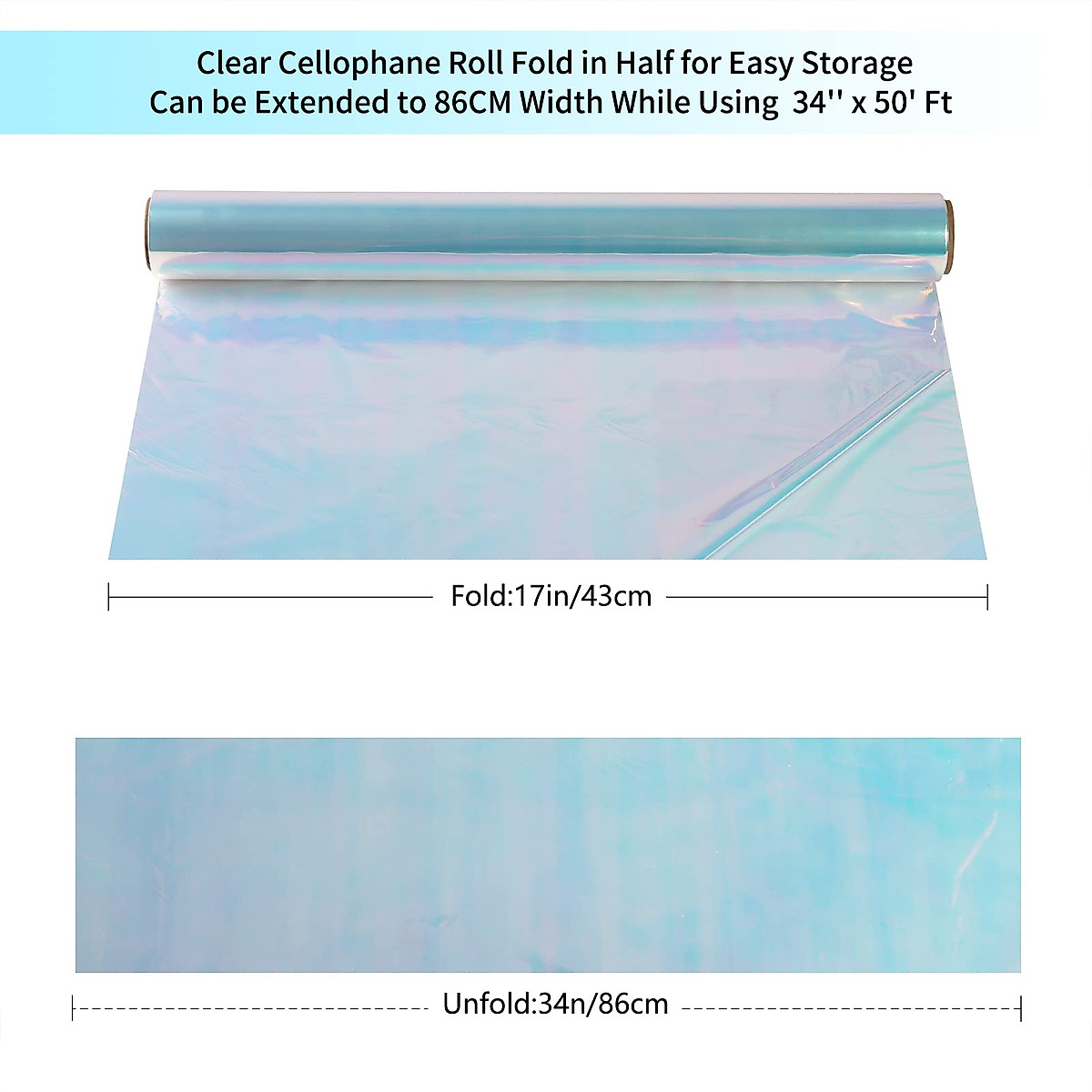 Giiffu Iridescent Film Cellophane Wrap Roll 34 In Wide X 50 Ft Long Gift Wrapping Paper Roll for Basket, Gifts, Flower, Candy, Treats, Birthday Holiday Party DIY Arts Crafts Decoration